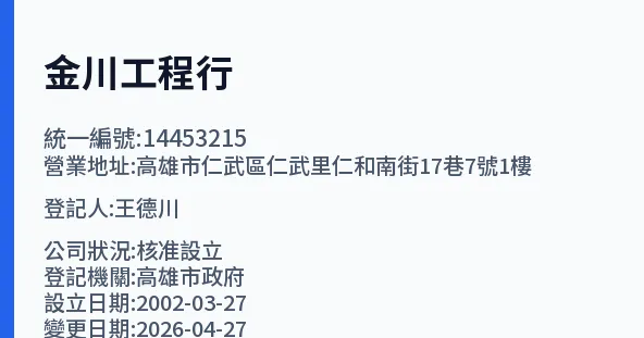 金川工程行的照片-統編 14453215(高雄市) 公司登記資料與營業項目詳細圖表