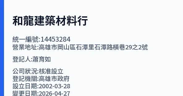 和龍建築材料行的照片-統編 14453284(高雄市) 公司登記資料與營業項目詳細圖表