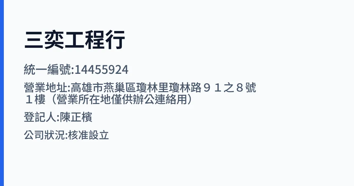 三奕工程行 - 統編 14455924(高雄市) 公司登記資料與營業項目詳細圖表
