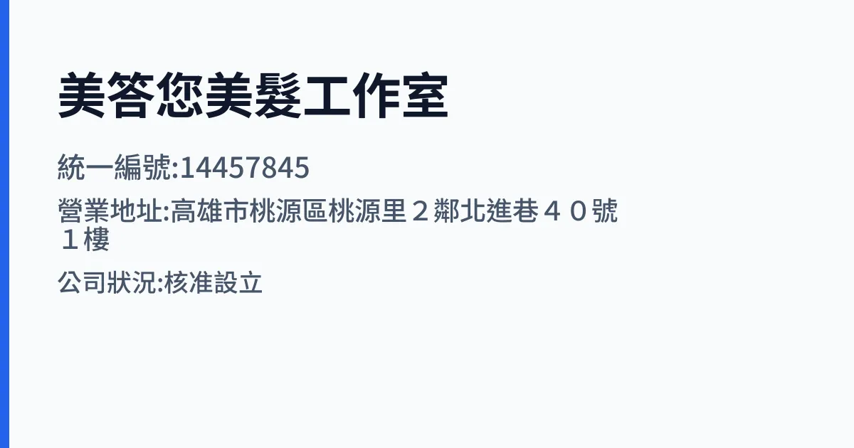 美答您美髮工作室 - 統編 14457845(高雄市) 公司登記資料與營業項目詳細圖表