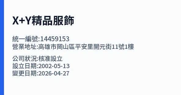 X+Y精品服飾的照片-統編 14459153(高雄市) 公司登記資料與營業項目詳細圖表