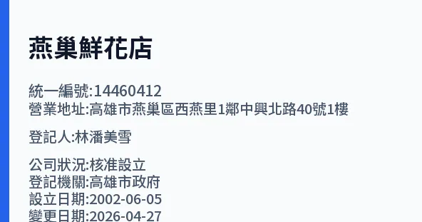 燕巢鮮花店的照片-統編 14460412(高雄市) 公司登記資料與營業項目詳細圖表