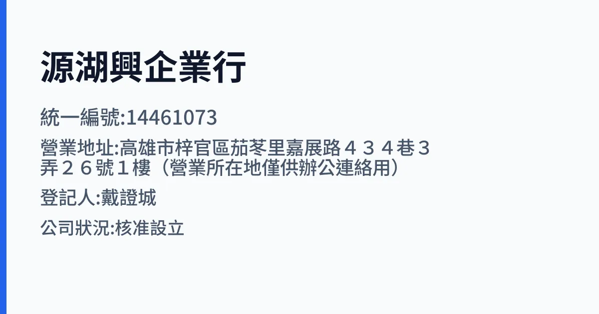 源湖興企業行 - 統編 14461073(高雄市) 公司登記資料與營業項目詳細圖表