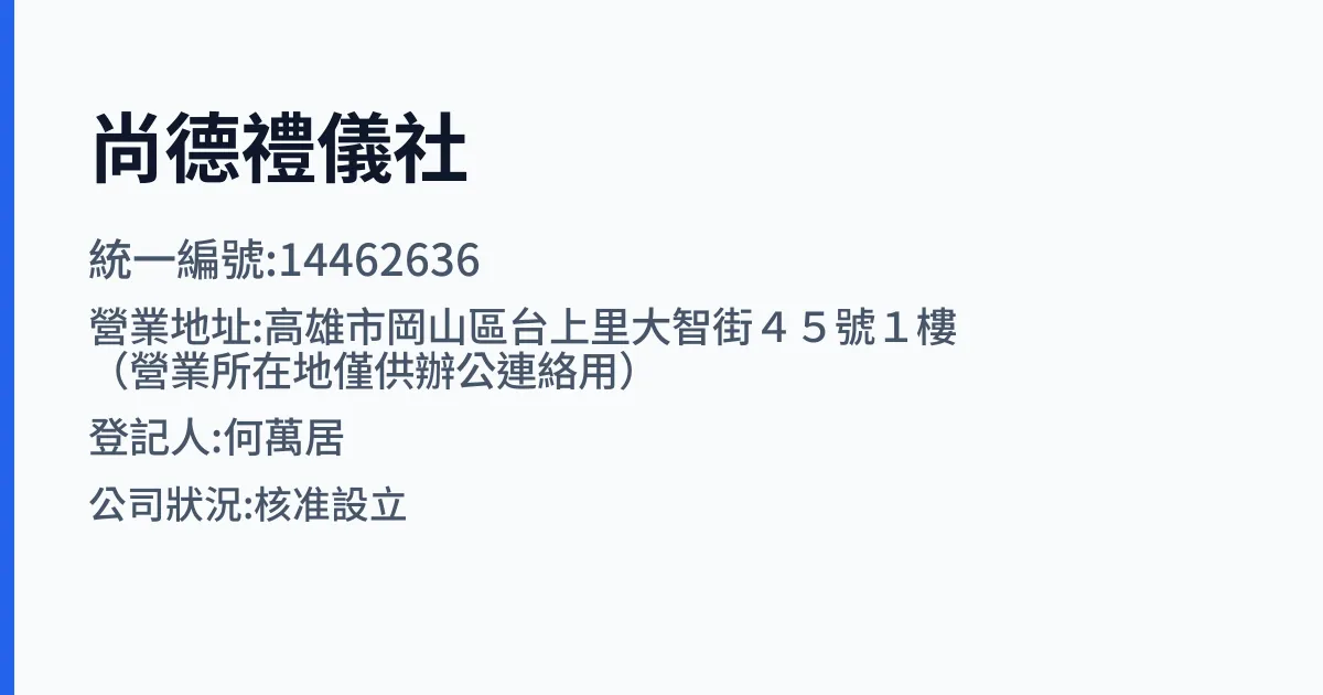 尚德禮儀社 - 統編 14462636(高雄市) 公司登記資料與營業項目詳細圖表