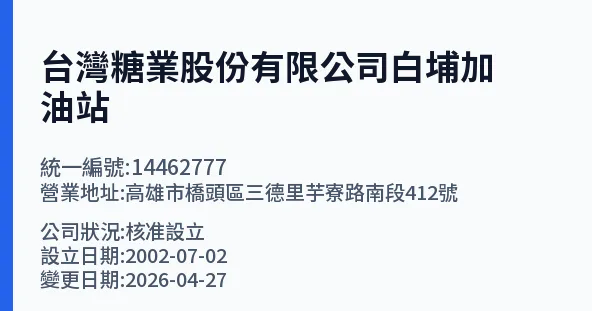 台灣糖業股份有限公司白埔加油站的照片-統編 14462777(高雄市) 公司登記資料與營業項目詳細圖表