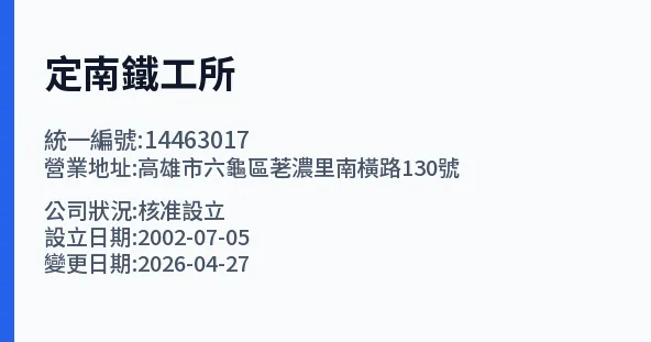 定南鐵工所的照片-統編 14463017(高雄市) 公司登記資料與營業項目詳細圖表