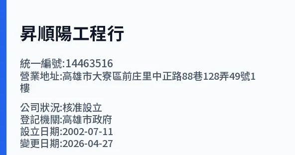 昇順陽工程行的照片-統編 14463516(高雄市) 公司登記資料與營業項目詳細圖表