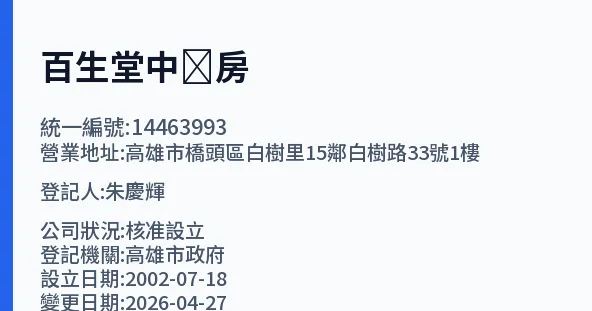百生堂中虊房的照片-統編 14463993(高雄市) 公司登記資料與營業項目詳細圖表