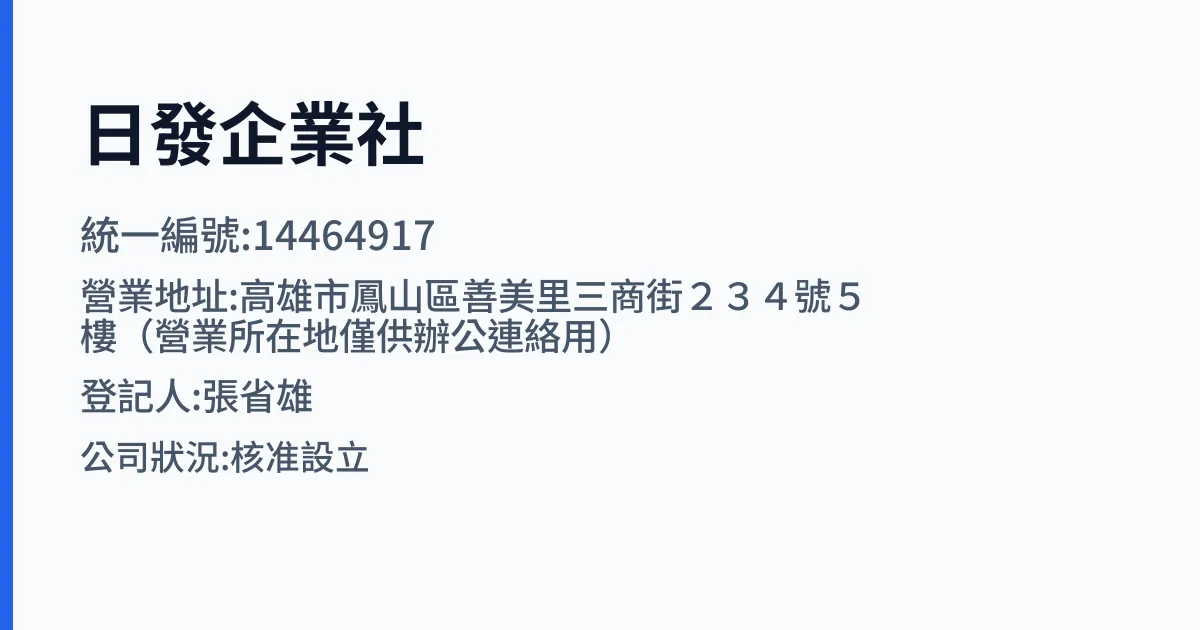 日發企業社 - 統編 14464917(高雄市) 公司登記資料與營業項目詳細圖表