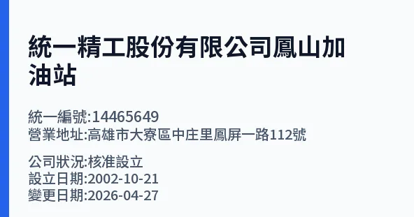 統一精工股份有限公司鳳山加油站的照片-統編 14465649(高雄市) 公司登記資料與營業項目詳細圖表