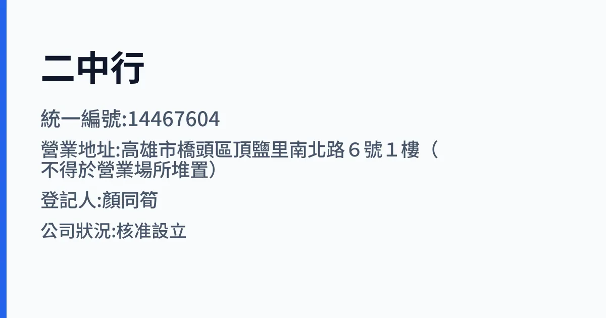 二中行 - 統編 14467604（高雄市） 公司登記資料與營業項目詳細圖表