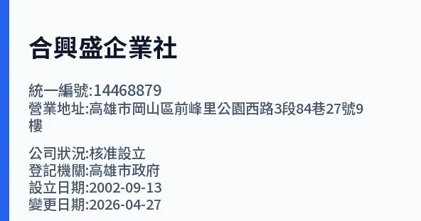 合興盛企業社的照片-統編 14468879(高雄市) 公司登記資料與營業項目詳細圖表
