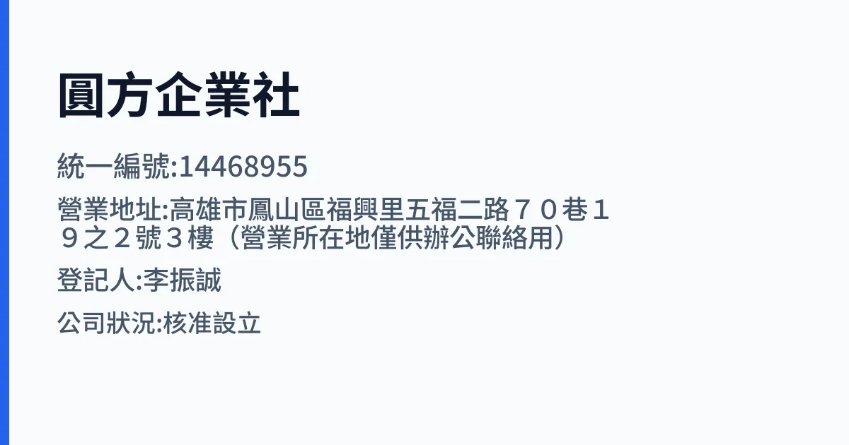圓方企業社 - 統編 14468955(高雄市) 公司登記資料與營業項目詳細圖表