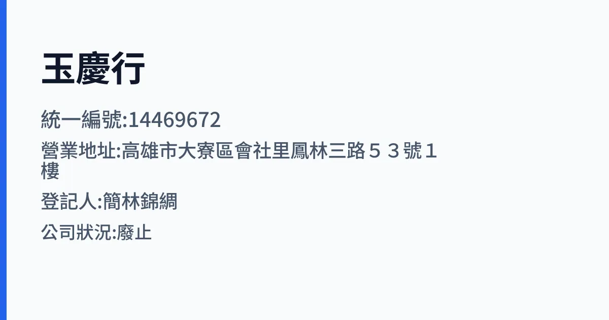 玉慶行 - 統編 14469672(高雄市) 公司登記資料與營業項目詳細圖表