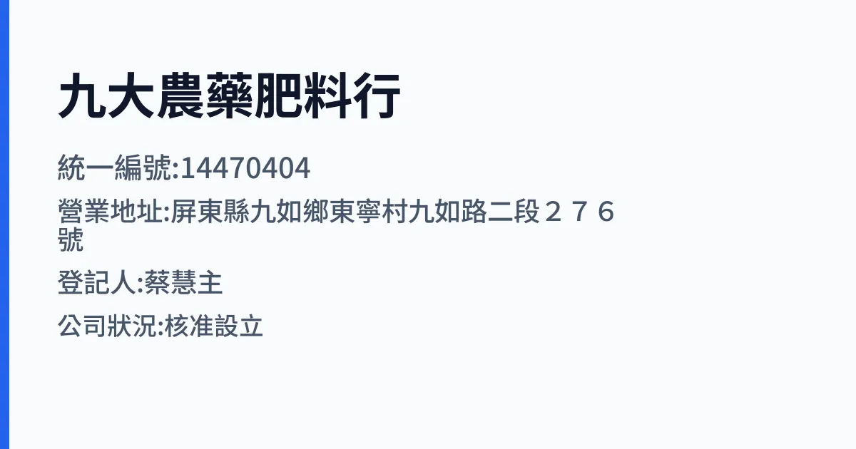 九大農藥肥料行 - 統編 14470404(屏東縣) 公司登記資料與營業項目詳細圖表