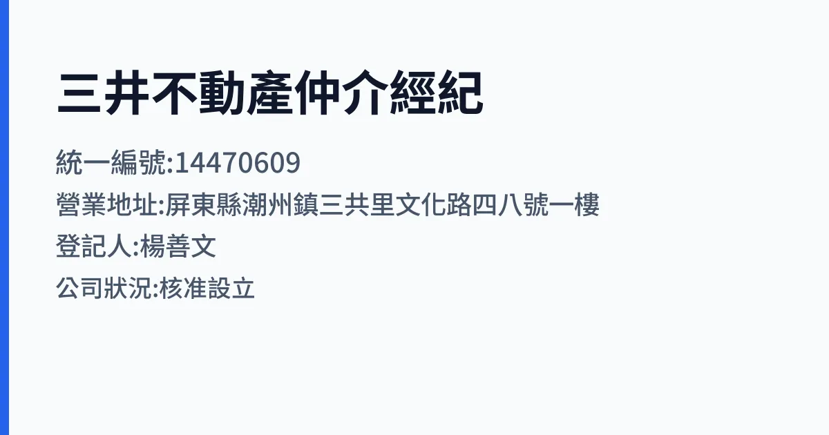 三井不動產仲介經紀 - 統編 14470609(屏東縣) 公司登記資料與營業項目詳細圖表