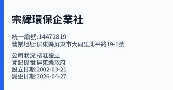 宗緯環保企業社的照片-統編 14472819(屏東縣) 公司登記資料與營業項目詳細圖表
