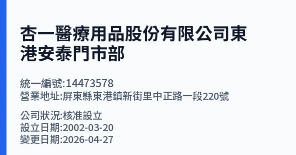 杏一醫療用品股份有限公司東港安泰門市部的照片-統編 14473578(屏東縣) 公司登記資料與營業項目詳細圖表
