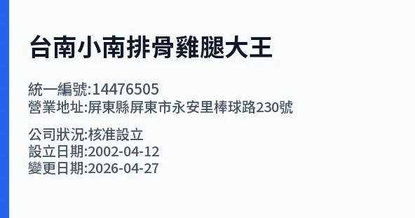 台南小南排骨雞腿大王的照片-統編 14476505(屏東縣) 公司登記資料與營業項目詳細圖表