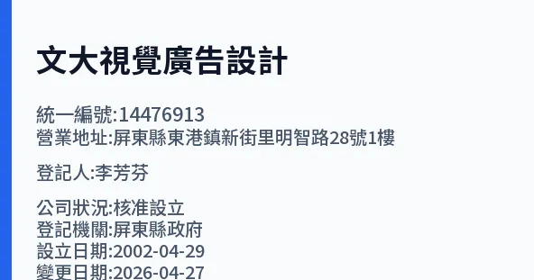 文大視覺廣告設計的照片-統編 14476913(屏東縣) 公司登記資料與營業項目詳細圖表
