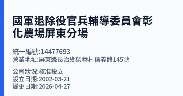 國軍退除役官兵輔導委員會彰化農場屏東分場的照片-統編 14477693(屏東縣) 公司登記資料與營業項目詳細圖表