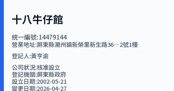 十八牛仔館的照片-統編 14479144(屏東縣) 公司登記資料與營業項目詳細圖表