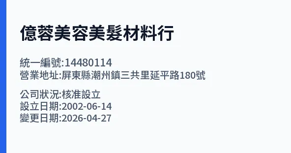 億蓉美容美髮材料行的照片-統編 14480114(屏東縣) 公司登記資料與營業項目詳細圖表