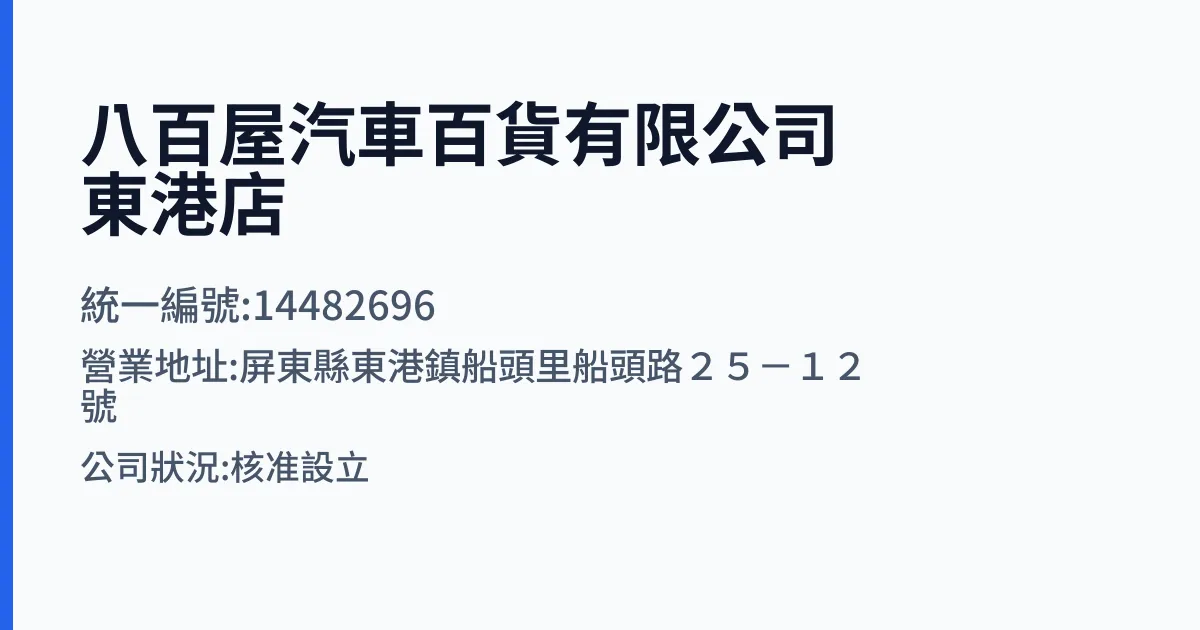 八百屋汽車百貨有限公司東港店 - 統編 14482696(屏東縣) 公司登記資料與營業項目詳細圖表