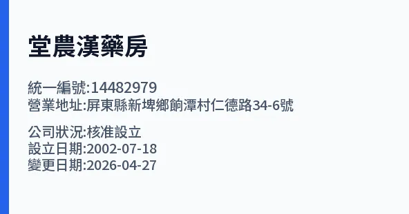堂農漢藥房的照片-統編 14482979(屏東縣) 公司登記資料與營業項目詳細圖表