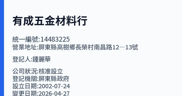 有成五金材料行的照片-統編 14483225(屏東縣) 公司登記資料與營業項目詳細圖表