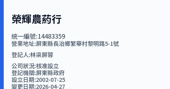 榮輝農葯行的照片-統編 14483359(屏東縣) 公司登記資料與營業項目詳細圖表