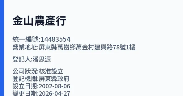 金山農產行的照片-統編 14483554(屏東縣) 公司登記資料與營業項目詳細圖表