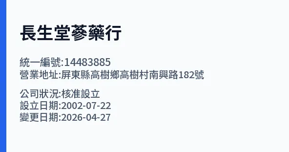 長生堂蔘藥行的照片-統編 14483885(屏東縣) 公司登記資料與營業項目詳細圖表