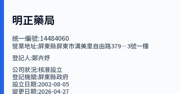 明正藥局的照片-統編 14484060(屏東縣) 公司登記資料與營業項目詳細圖表