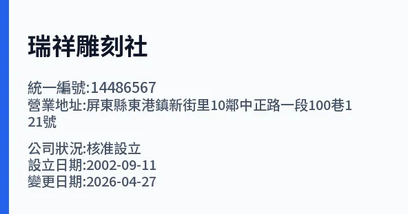 瑞祥雕刻社的照片-統編 14486567(屏東縣) 公司登記資料與營業項目詳細圖表