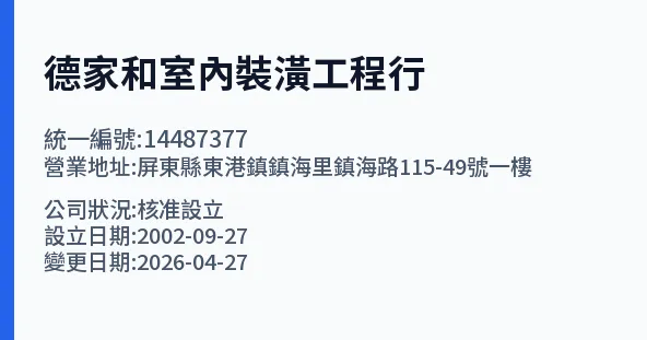 德家和室內裝潢工程行的照片-統編 14487377(屏東縣) 公司登記資料與營業項目詳細圖表