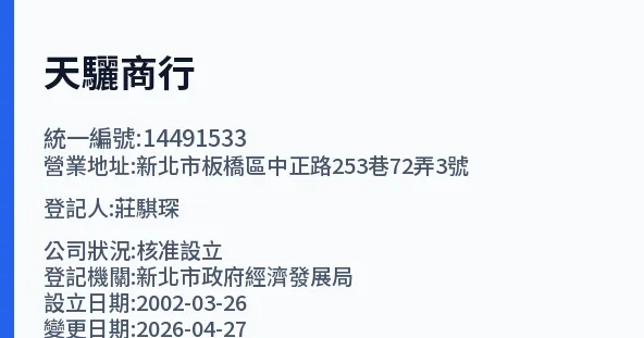 天驪商行的照片-統編 14491533(新北市) 公司登記資料與營業項目詳細圖表
