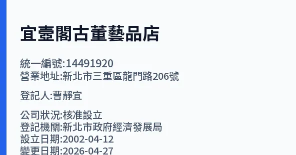 宜壼閣古董藝品店的照片-統編 14491920(新北市) 公司登記資料與營業項目詳細圖表