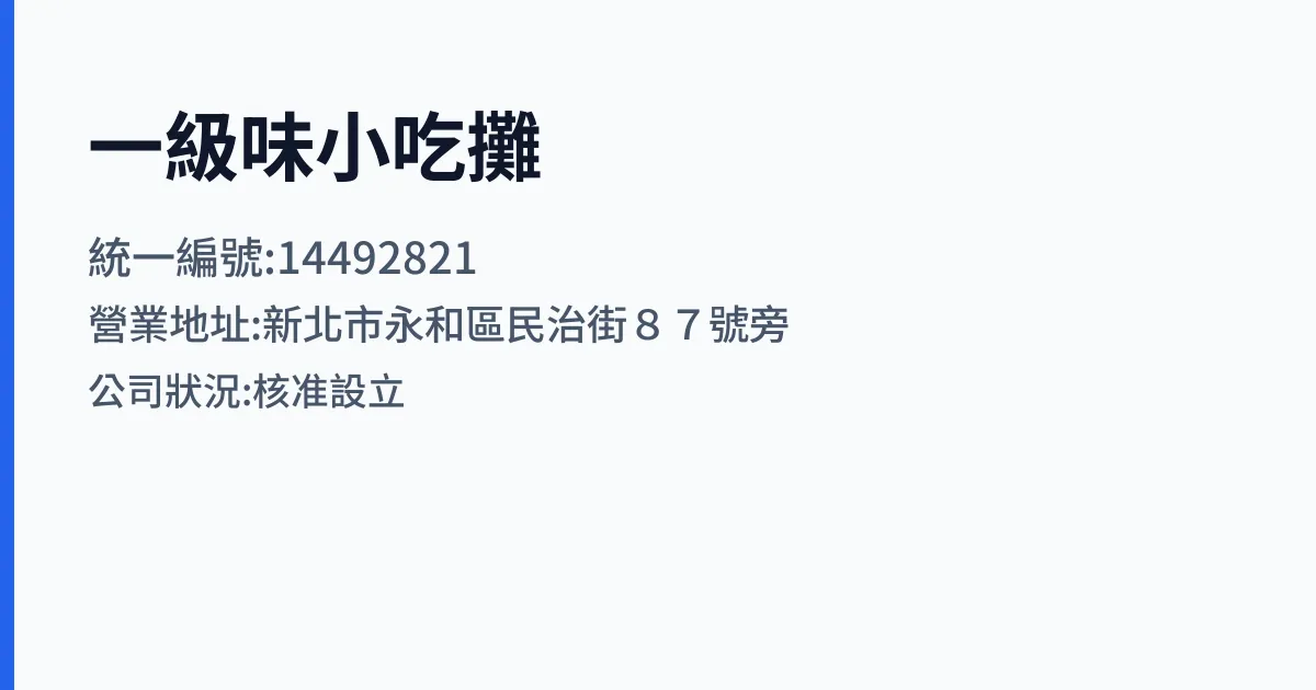 一級味小吃攤 - 統編 14492821(新北市) 公司登記資料與營業項目詳細圖表