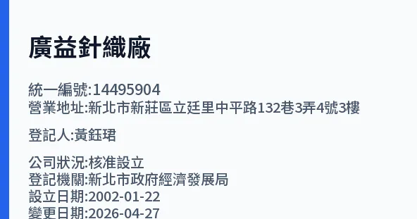 廣益針織廠的照片-統編 14495904(新北市) 公司登記資料與營業項目詳細圖表