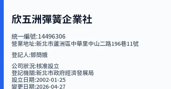 欣五洲彈簧企業社的照片-統編 14496306(新北市) 公司登記資料與營業項目詳細圖表