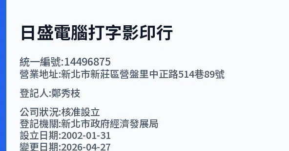 日盛電腦打字影印行的照片-統編 14496875(新北市) 公司登記資料與營業項目詳細圖表