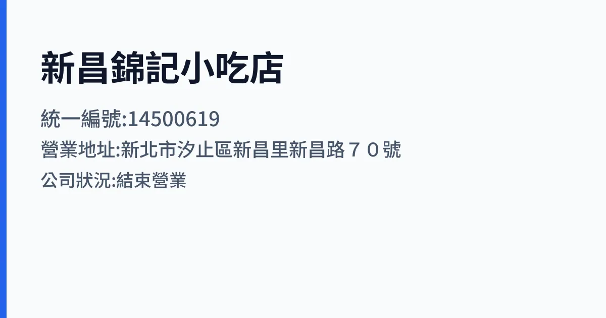 新昌錦記小吃店 - 統編 14500619(新北市) 公司登記資料與營業項目詳細圖表
