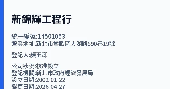 新錦輝工程行的照片-統編 14501053(新北市) 公司登記資料與營業項目詳細圖表