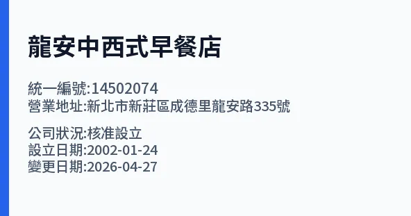龍安中西式早餐店的照片-統編 14502074(新北市) 公司登記資料與營業項目詳細圖表