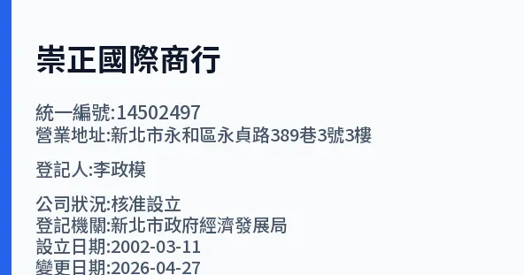 崇正國際商行的照片-統編 14502497(新北市) 公司登記資料與營業項目詳細圖表