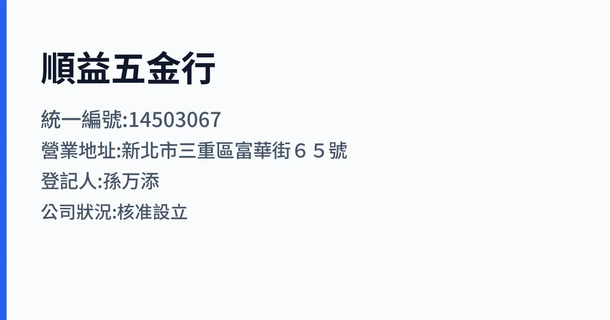 順益五金行 - 統編 14503067（新北市） 公司登記資料與營業項目詳細圖表