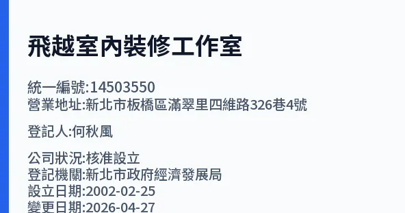 飛越室內裝修工作室的照片-統編 14503550(新北市) 公司登記資料與營業項目詳細圖表