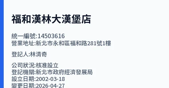 福和漢林大漢堡店的照片-統編 14503616(新北市) 公司登記資料與營業項目詳細圖表
