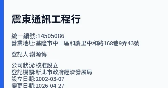 震東通訊工程行的照片-統編 14505086(基隆市) 公司登記資料與營業項目詳細圖表